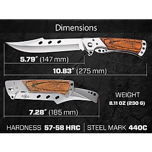 Grand Way Bundle of 2 Items Hunting Folding Knife with Rosewood Handle - Best EDC Survival Hiking Hunting Camping Knife - Knife with Firestarter and Whistle