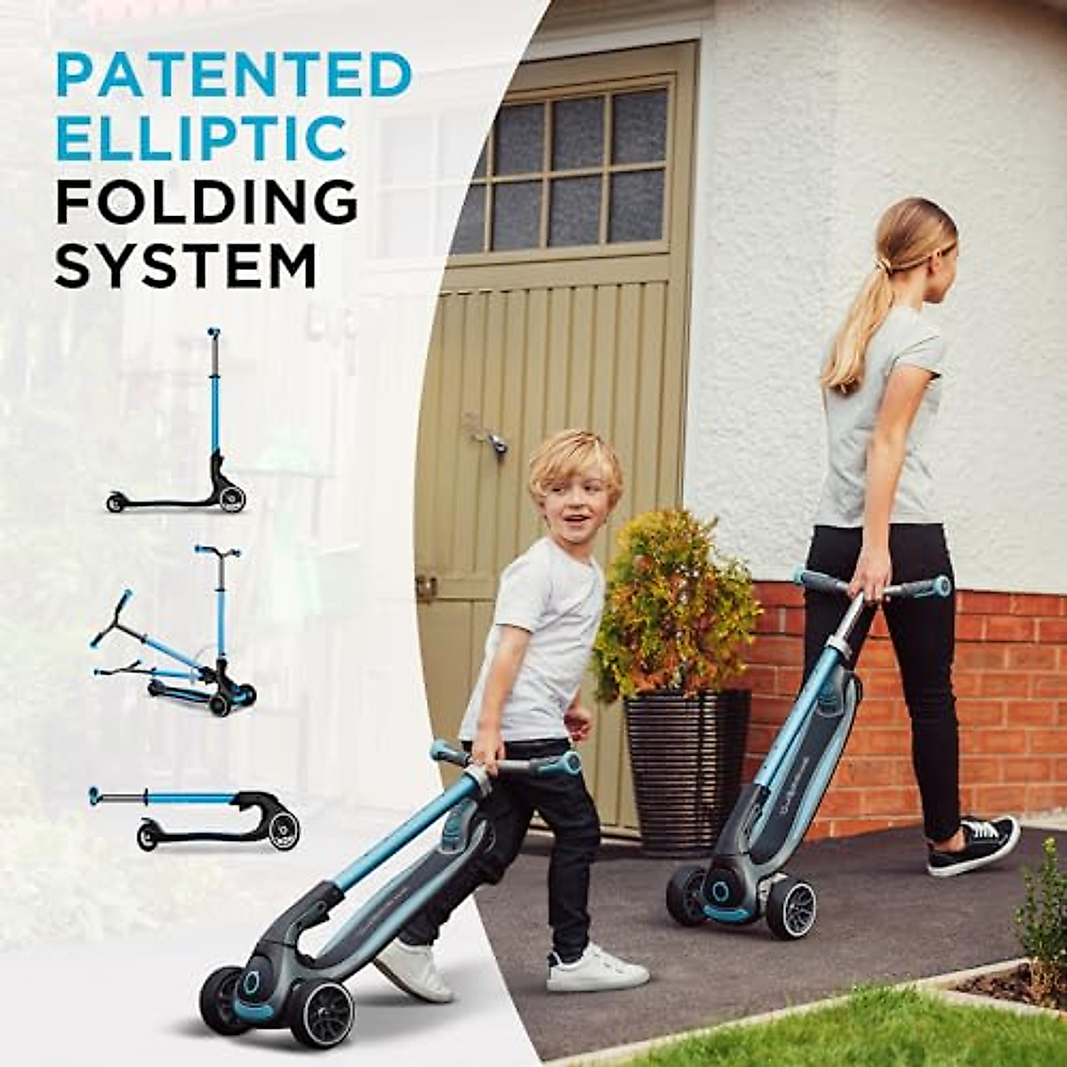 Globber Ultimum Scooter | 3-Wheel Kick Scooter for Adults & Kids 5+ | Foldable Kick Scooter with Safe, Non-Slip Deck & Premium Brakes (Sky Blue)