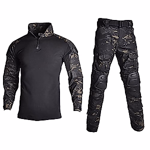 JSFOIRYROU Mens Tactical Military Suits Long Sleeve Waterproof Rip-Stop Uniforms Combat Shirt and Pants Elbow Knee Pads (Black A,Medium)