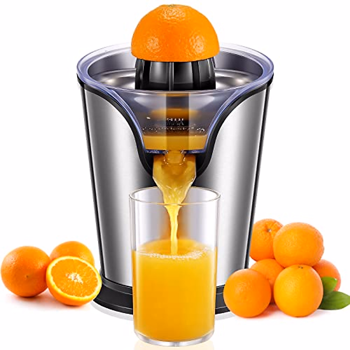 FOHERE Orange Juice Squeezer Electric Citrus Juicer with Two Interchangeable Cones Suitable for orange, lemon and Grapefruit, Brushed Stainless Steel