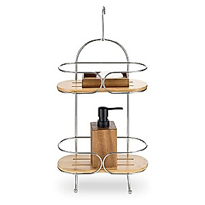 Navaris Bamboo and Metal Shower Caddy - Over Shower Head 2-Shelf Hanging Organizer - Hanger Hook Shelves for Bathroom Showers, Toiletries, Accessories