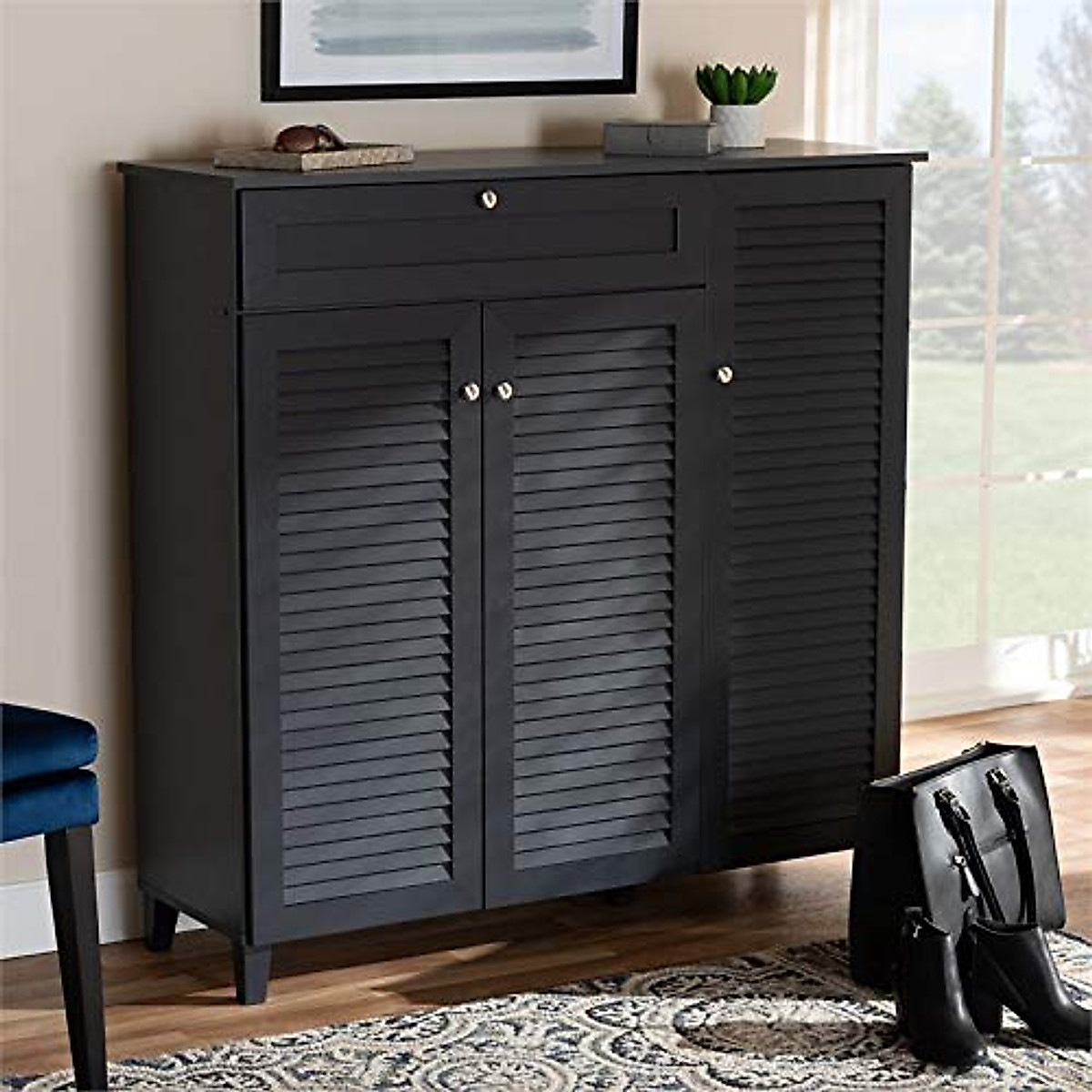 BOWERY HILL Modern and Contemporary Dark Grey Finished 11-Shelf Wood Shoe Storage Cabinet with Drawer