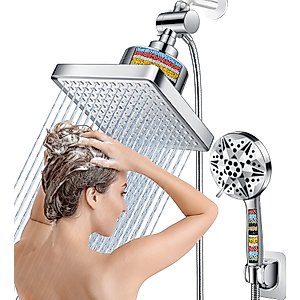 Dual Filtered Rain Shower Head Combo, High Pressure 9 Modes Handheld Shower Head Built in Power Spray, 6 inch Rainfall Shower Head with Filter for Hard Water