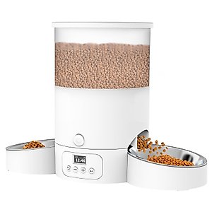 SURDY Automatic Cat Feeder for 2 Cats, 3L Cat Food Dispenser Auto Cat Feeder with 2 Stainless Bowls, 10s Meal Call Dual Power Supply and Timer Setting 12 Portions 6 Meals Per Day for Cats (White, 3L)