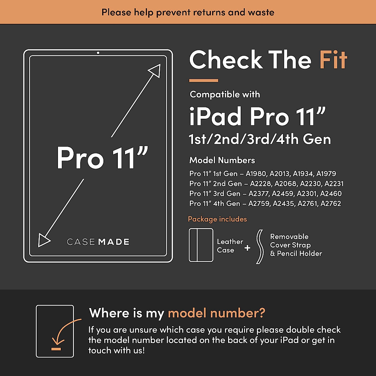 Casemade Real Leather Case Compatible with iPad Pro 11” 1st/2nd/3rd/4th Gen (2018/2020/2021/2022) - Full-Grain Leather Cover, Auto Sleep/Wake, Dual Stand Position (Tan)