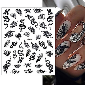 5 Sheets Black Snake Nail Art Stickers White Black Flower Big Snake Nail Decals Red Love Heart Nail Art Supplies Butterfly Star Moon Leaf Nail Art Design Decoration Accessories for Women Manicure DIY