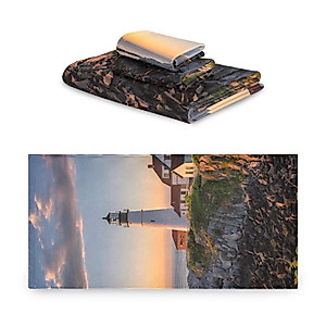 Kigai Lighthouse Bath Towel Set of 3, Absorbent Soft Bathroom Towel with Hand Towel & Washcloth for Hotel, Beach, Gym and Spa