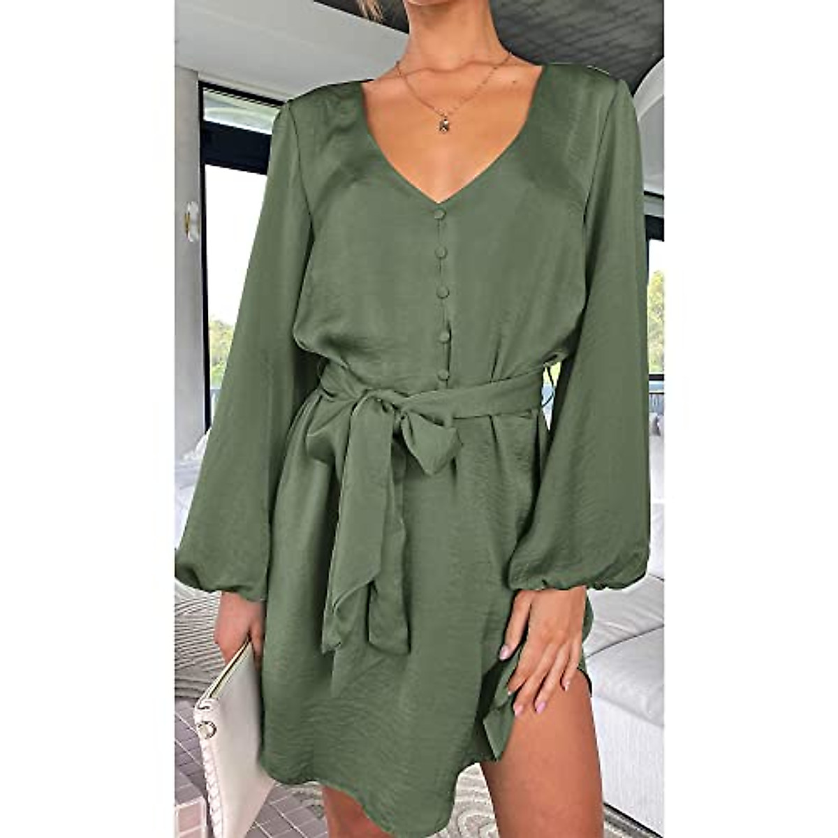 PRETTYGARDEN Women's Spring Long Puff Sleeve Satin Dress V Neck Cocktail Party Belted Short Formal Dresses (Army Green,Medium)