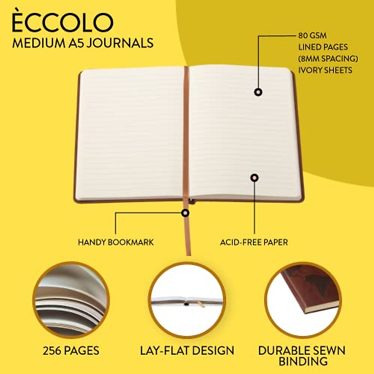 Eccolo Lined Journal Notebook, Flexi-Cover, World Map, 256 Ruled Pages, Medium 5.75-x-8.25 inches