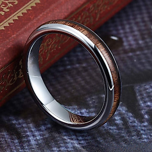 THREE KEYS JEWELRY 4mm White Tungsten Carbide Wedding Ring for Women with Koa Wood Inlay Domed Wedding Band Engagement Ring Comfort Fit Size 8