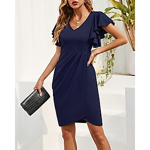 IHOT Dinner Party Dress for Women Faux Wrap V Neck Ruched Sheath Elegant Wedding Guest Cocktail Club Bodycon Slim Casual Work Party Dresses Navy Blue S