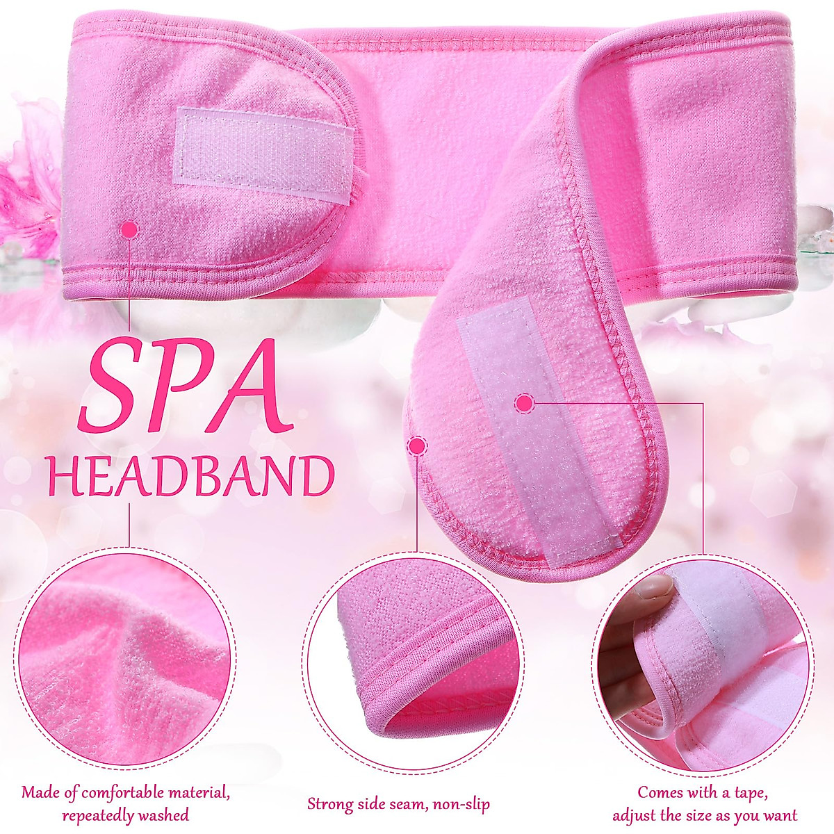 24 Pcs Spa Headband Bulk Makeup Facial Headband for Washing Face, Terry Cloth Headband Head Wraps for Facials, Adjustable Stretch Towel with Hook and Loop Non Slip, White, Pink, Grey, Black
