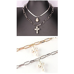 MUAYOUAUM Cross Faux Pearl GOLD Necklaces for Women SILVER