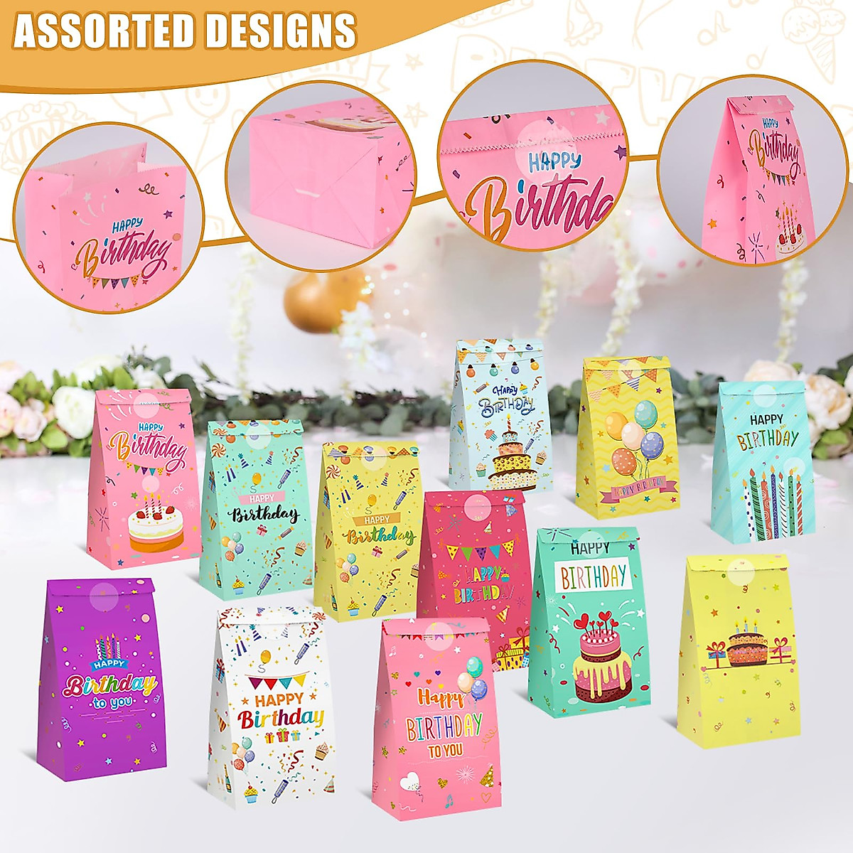 Shindel Party Favor Bags, 54PCS Happy Birthday Treat Bags, Birthday Bags For Kids, 4.7" x 3.1" x 8.7" 12 Designs Colored Paper Bags Goodie Bags for Birthday Party Kids