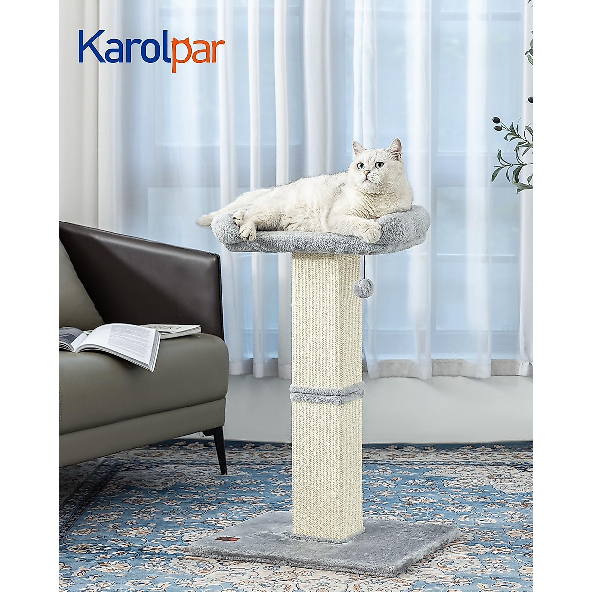 Karolpar 32" Cat Scratching Post for Indoor Cats, Sisal Cat Scratcher with Plush Perch, Large Scratch Post with Bed, Removable Cover, Sisal Fabric,Light Grey