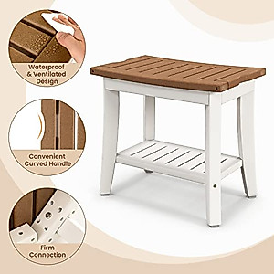 Giantex Shower Bench HDPE Waterproof - Bath Spa Seat with Storage Shelf, Non-Slip Rubber Foot Pads, 2-Tier Heavy Duty Shower Stool Foot Rest Step for Shaving Legs Bathroom