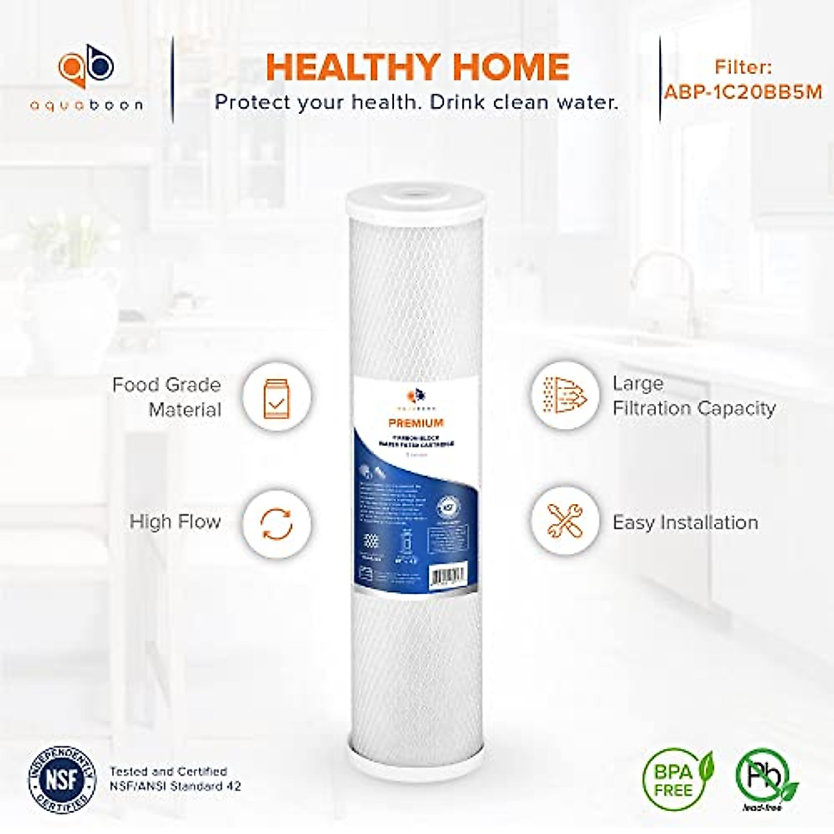 Aquaboon Universal Fit Whole House 5 Micron 20 x 4.5 inch Cartridge | Premium Coconut Shell Water Filter Cartridge | Activated Carbon Block CTO | Compatible with CB-45-2005, Pentek EP-20BB 6-Pack