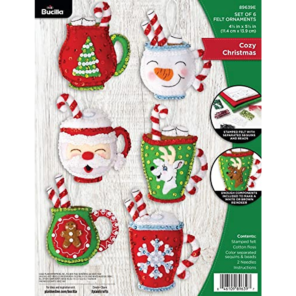 Bucilla, Cozy Christmas, Felt Applique 6 Piece Ornament Making Kit, Perfect for DIY Arts and Crafts, 89639E