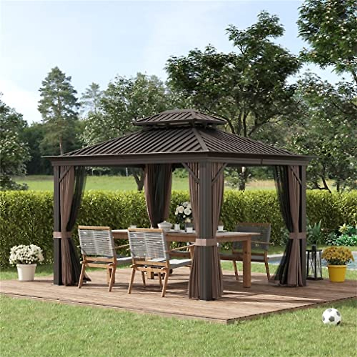 ZZBJ 12'x10' Outdoor Hardtop Gazebo with Aluminum Frame, Gazebo Canopy with Curtains Netting for Gardens, Patios, Backyards