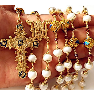 elegantmedical HANDMADE Gold Wire Wrapped Bead AAA White 9mm Real Pearl & Enamel Bead Rosary Cross NECKLACE BOX