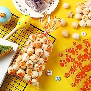 Blulu 200 Pieces Pet Paw Print Cone Cellophane Bags Heat Sealable Candy Bags Dog Paw Gift Bags Cat Treat Bags with 200 Pieces Silver Twist Ties for Pet Treat Party Favor (Orange)