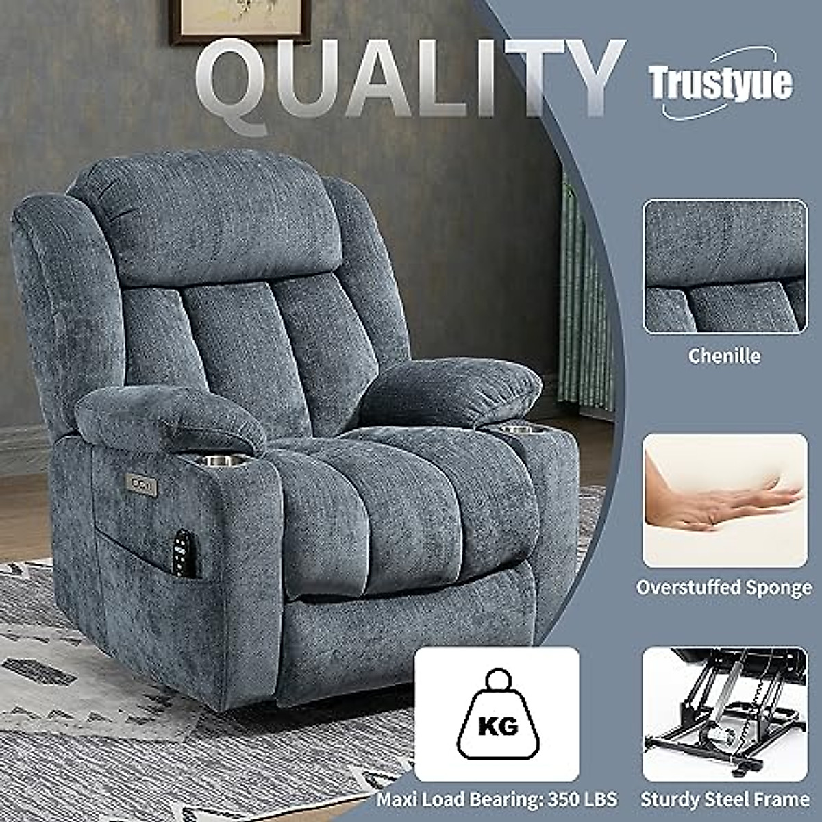 Trustyue Power Lift Recliner Chair for Elderly, Lift Chair with Full-Body Massage and Heat, Hand Remote Control, Upgraded Powerful Motor, USB Ports, Stainless Steel Cup Holders, Chenille Blue