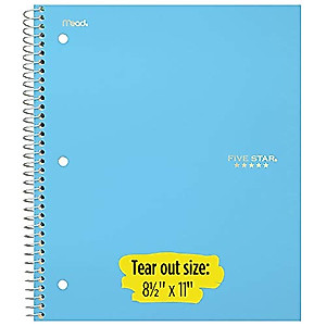 Five Star Spiral Notebook, 5 Subject, College Ruled Paper, 200 Sheets, 11" x 8-1/2", Color Selected For You, 1 Count (06112)