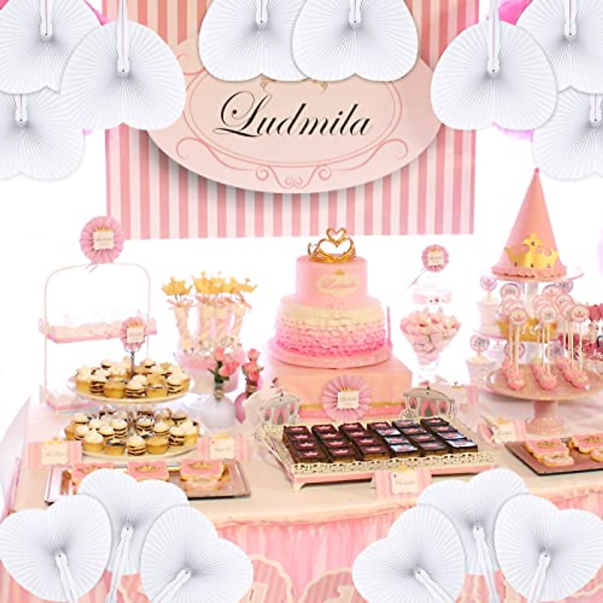 WOWOSS 60 Packs Folding Fans Paper Fans Heart Shaped Assortment with Plastic Handle for Wedding Favor Party Bag Filler