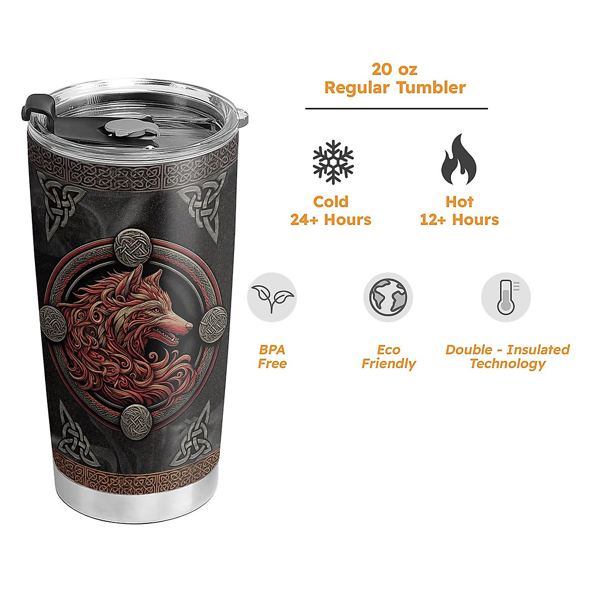 20oz Viking Celtic Fire Wolf Tumbler, Norse Mythology, Viking Gifts for Men, Coffee Thermos for Men, Stainless Steel Double Wall Vacuum Insulated Coffee Mug, Travel Cup with Lid