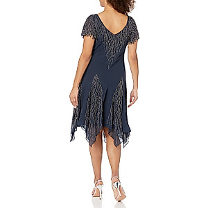 J Kara Women's Hanky Hem Beaded Cocktail Dress, Navy/Mercury, 6