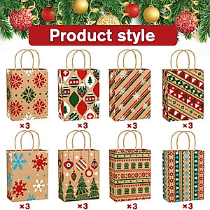 Vellibring 24pcs Kraft Christmas Gift Bags with Handles, Medium Paper Bags for Holiday Party Favors and Decor Supplies