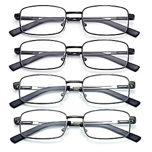HIGHLIKE 4-Pack Reading Glasses Men, Women Metal Stainless Flex Readers with Soft Cases, Clear Lens Blue Light Glasses, 2 Black 2 Gunmetal 3.5 x