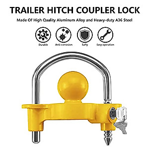 Funmit Trailer Lock Universal Coupler Ball Lock Fits 1-7/8", 2", and 2-5/16" Couplers, Boat Camper Accessories for Travel Trailers Adjustable Heavy-Duty Steel Hitch Lock Yellow