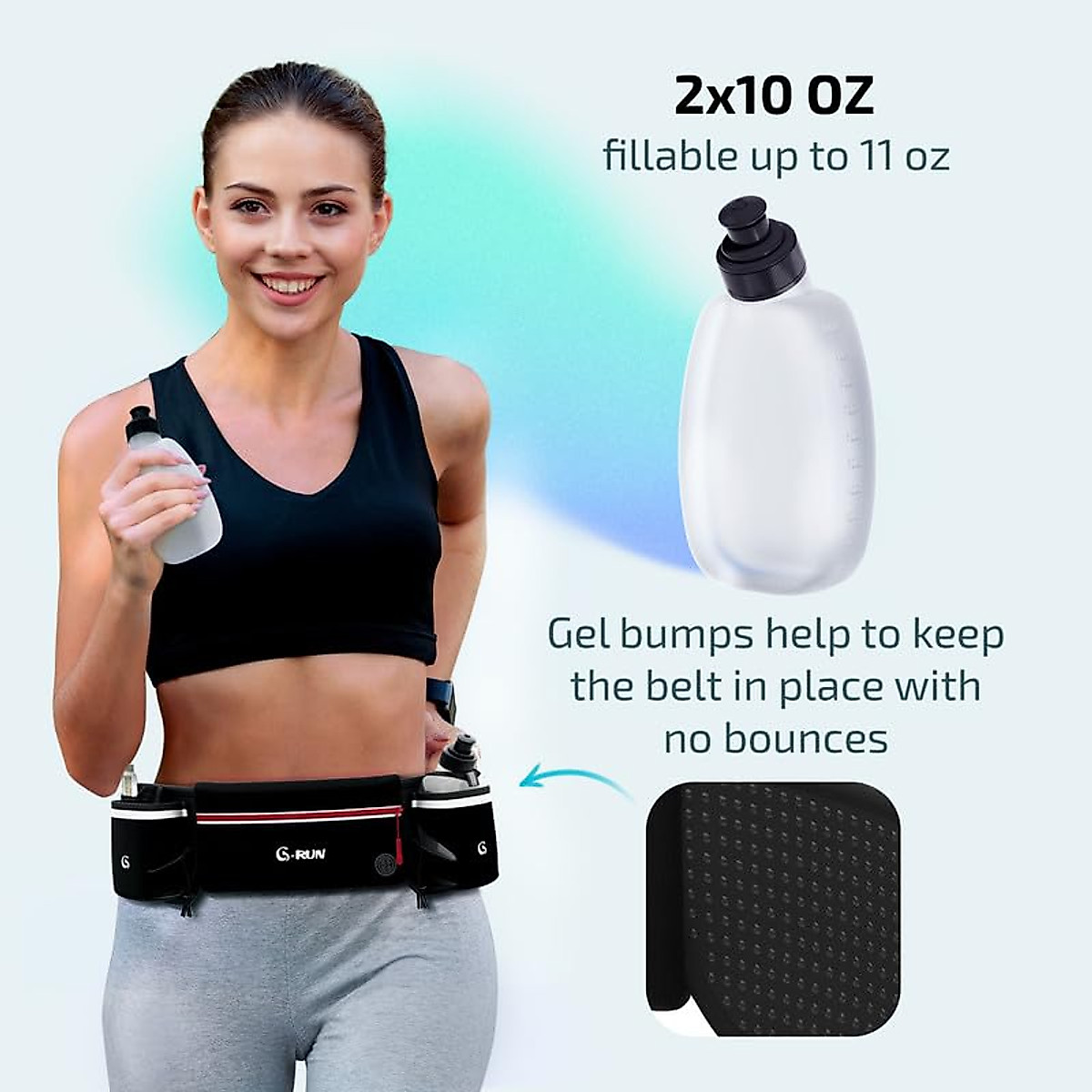 Hydration Running Belt with Bottles - Water Belts for Woman and Men - iPhone Belt for Any Phone Size - Fuel Marathon Waist Pouch for Runners - Jogging Cycling Biking Red
