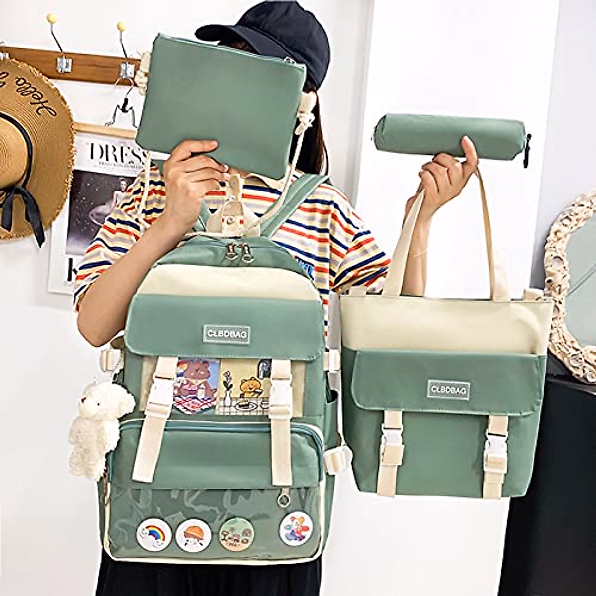 Skyearman 4 PCS Backpack Combo Set with Bear Pendant Canvas Kawaii School Bag Sets with Pencil Box Lunch Box Bag (Green)