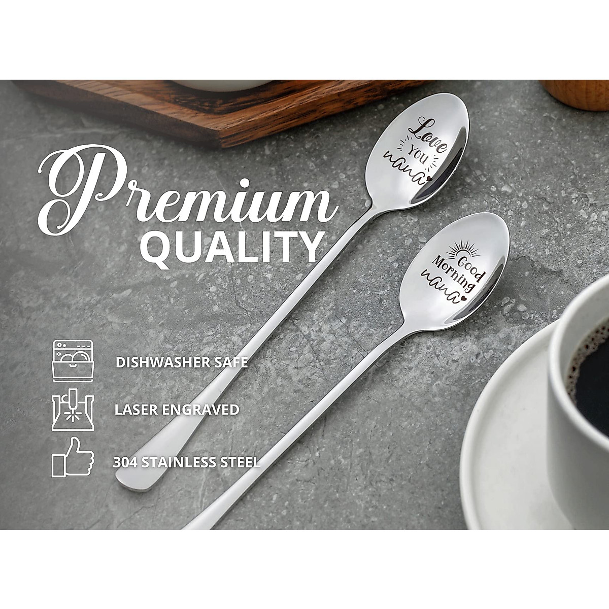 Nana Gifts, Nana Spoon, 2 Pcs Stainless Steel Engraved Coffee Spoons, Good Morning Nana