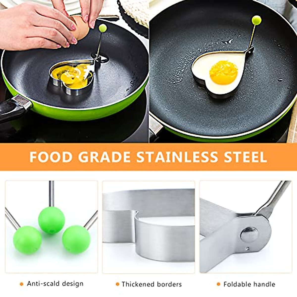 5 Pack Egg Rings, LEEFONE Stainless Steel Pancake Mold Set with Handle, Non-Stick Egg Maker Molds for Griddle Frying Cooking