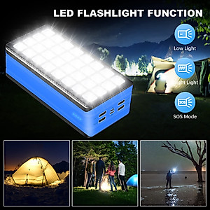 AEECESTORE Solar Charger Power Bank 60000mAh, Portable Solar Battery Charger with 32 LED Lights, External Battery Pack Compatible with iPhone, Cell Phone,Tablet for Camping, Emergency (Blue)