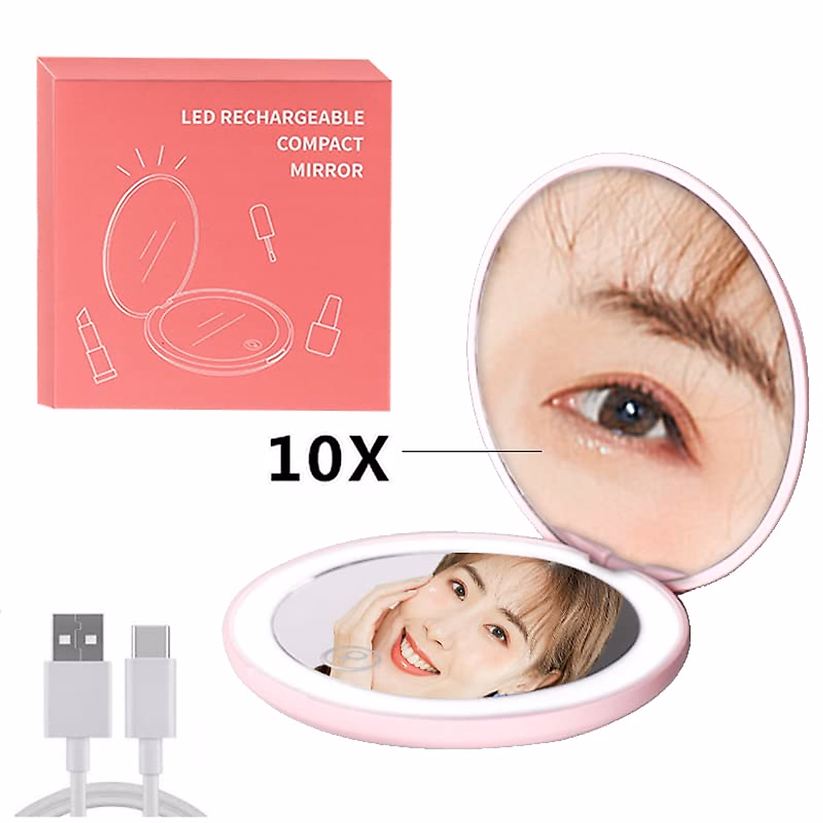 GUFAC LED Travel Makeup Mirror, 1x/10x Magnification Compact Mirror,Portable Mirror, 3.5 inch Folding Mirror,Handheld 2-Sided Mirror,Folding Travel Mirror for Handbag,Purse,Pocket,Round