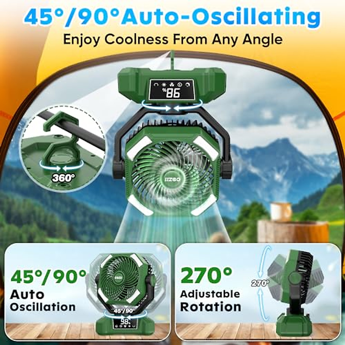 COZII Portable Fan Rechargeable, 20000mAh Battery Operated Oscillating Fan with Touch Screen -5 Speeds Cordless Desk Camping Fan with LED Display for Home Jobsite Outdoor Tent Beach, 8 Timing, Lantern