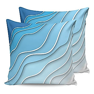 Blue White Ombre Outdoor Pillow Covers 16 x 16 Inches, Winter Blue Waterproof Throw Pillow Cover Set of 2, Geometric Modern Abstract Art Home Decorative Square Cushion Covers for Patio/Tent/Garden