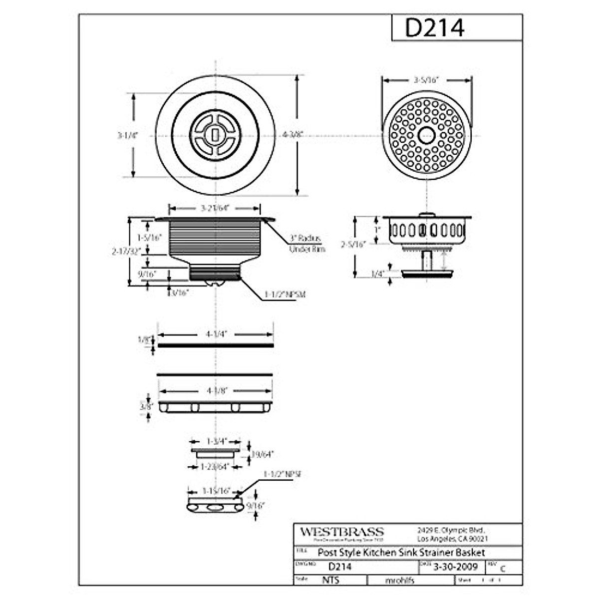 Westbrass D2145-62 3-1/2" Post Style Large Kitchen Sink Basket Strainer, Matte Black (2-Pack)