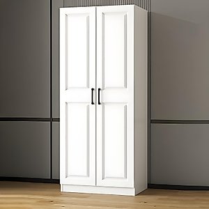 LITFAD Freestanding Functional Closet Contemporary Wood Large Capacity Storage Wardrobe with Shelves and Garment Rod Clothes Cabinet for Bedroom Hotel - White Armoire 31.5" L x 19.5" W x 71" H