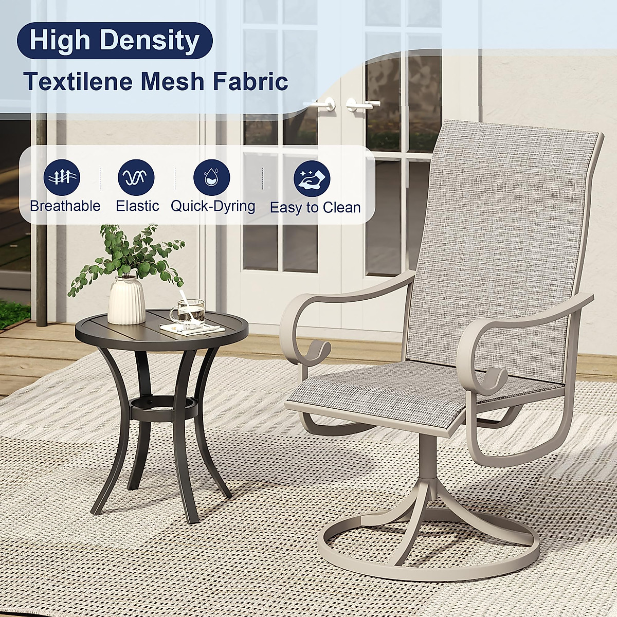 VICLLAX Patio Swivel Dining Chairs Set of 4, Outdoor furnitures Breathable Fabric with Curved Arms for Lawn Deck, Sandshell Frame