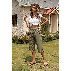 Veatzaer Elastic Waistband Pants Women Flowy Cropped Pants LightweightCrop PantswithPockets(Green,XL)