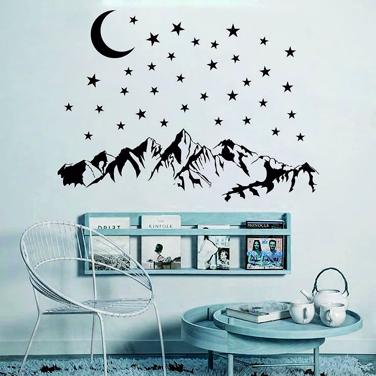 ANFRJJI Mystery Mountain Decal Hill Silhouette Art Vinyl Wall Sticker with Cute Moon and Stars Wall Art Murals for Living Room and Bedroom Effect Size : 45"x32"inch (Black-jwh316-Mountain)