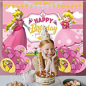 51 Pcs Princess Peach Birthday Party Decoration,Princess Peach Party Supplies Include Happy Birthday Backdrop,paper plates,cake toppers and latex balloons