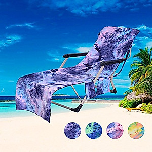 Mingpinghuius Beach Chair Cover with Side Pockets, Microfiber Pool Lounge Chair Cover Colorful Chaise Lounge Towel Sun Lounger Cover for Holiday Sunbathing Garden Beach Hotel (Blue)