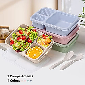 Mcostar Bento Lunch Box, 4 Pack Lunch Box for Kids, 3-Compartment Meal Prep Containers Reusable, Durable BPA Free Wheat Straw Food Storage Bento Boxes Suitable for Schools, Companies,Work and Travel