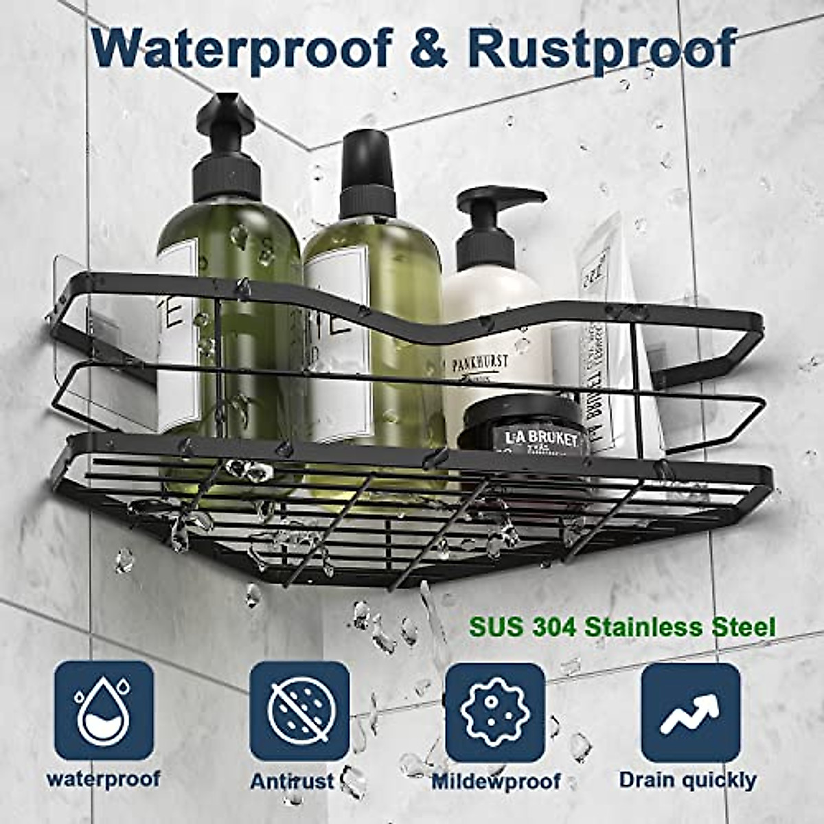 Corner Shower Caddy, MFTEK 2 Pack Shower Shelves Bathroom Shower Organizers Rack with Hooks, No Drilling Rustproof Adhesive Shower Shelf for Bathroom Storage, Black